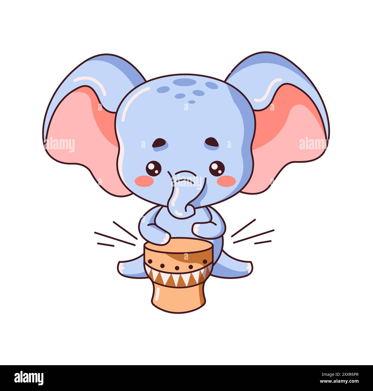 Kawaii little elephant playing drum flat color vector illustration. Adorable wild animal cub ...