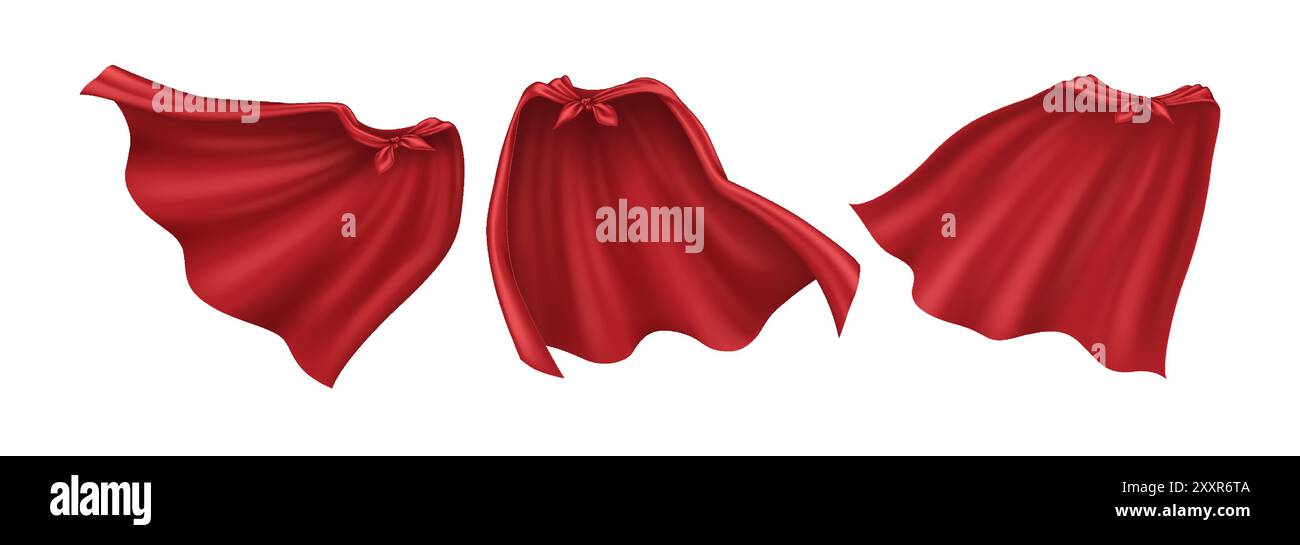 A set of pictures showing superhero capes made of red cloth. These ...