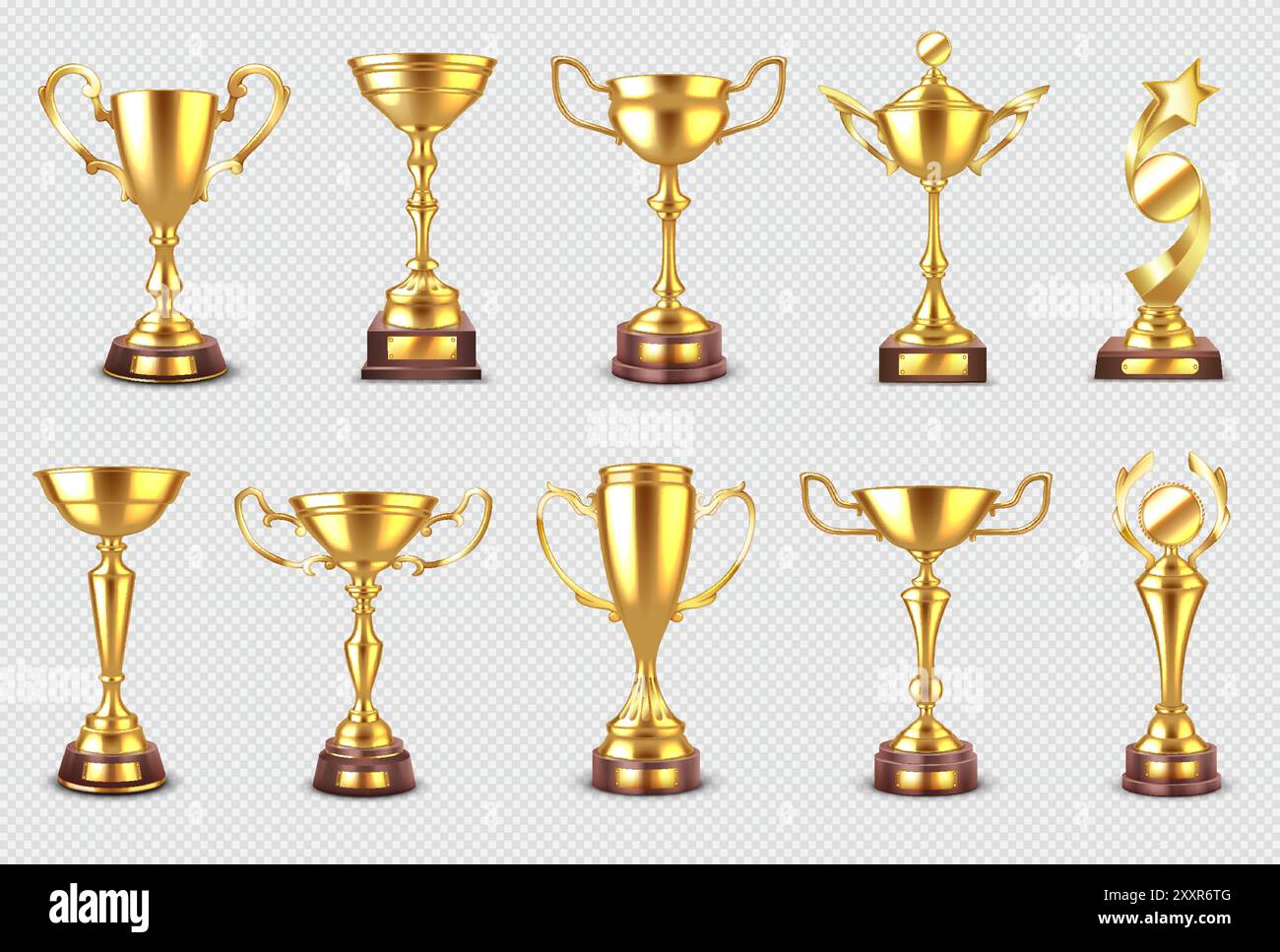 Winner golden cups realistic vector illustration set. Victory symbol ...