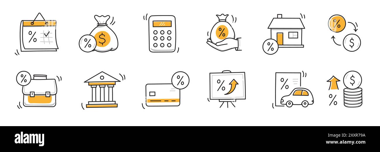 Loan interest rate doodle icon set. Hand drawn sketch doodle line style ...