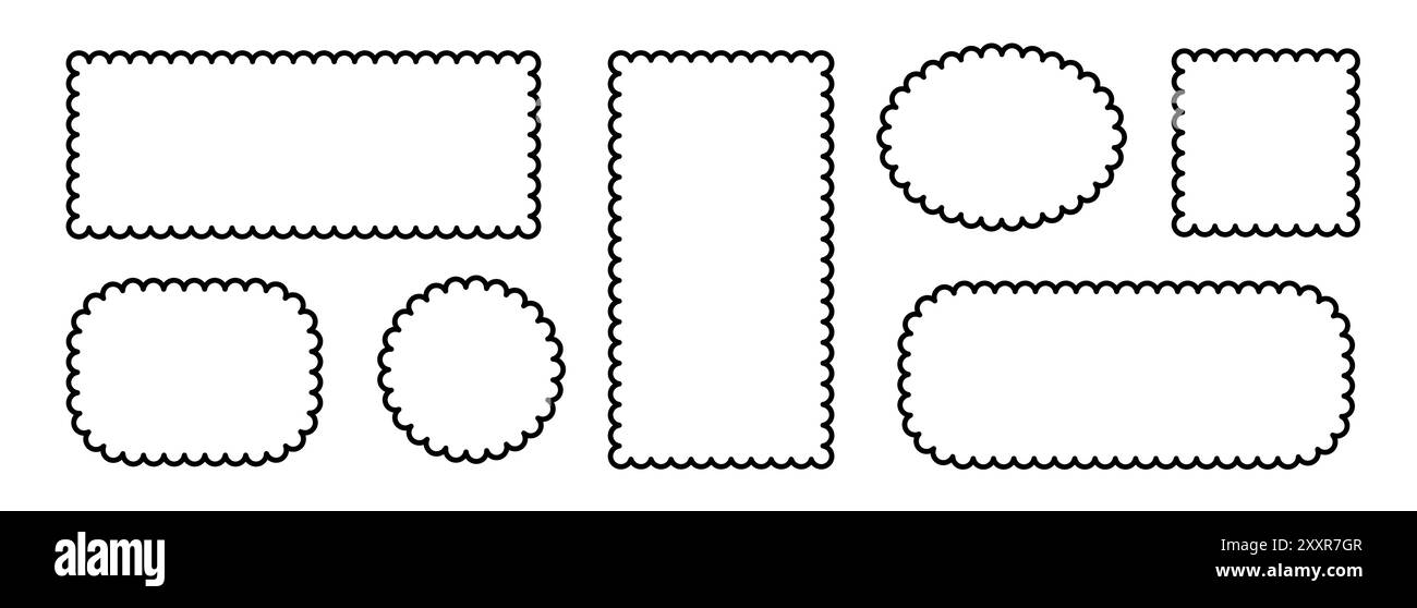 Border frame scallop edge rectangle, oval, round vector shape. Wave ...
