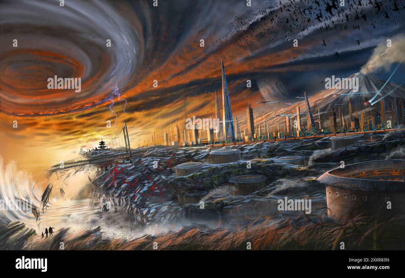 Futuristic cityscape with apocalyptic storm and lightning Stock Photo ...