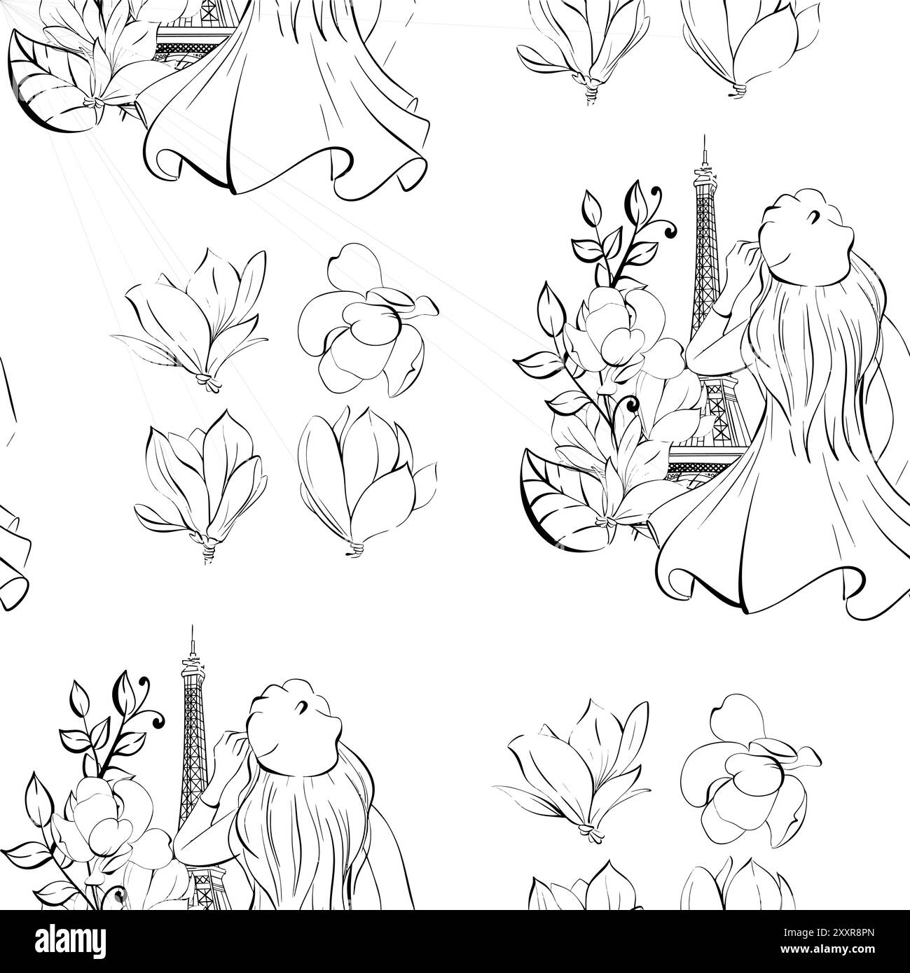 Vector seamless pattern Paris girl on the background of the Eiffel ...