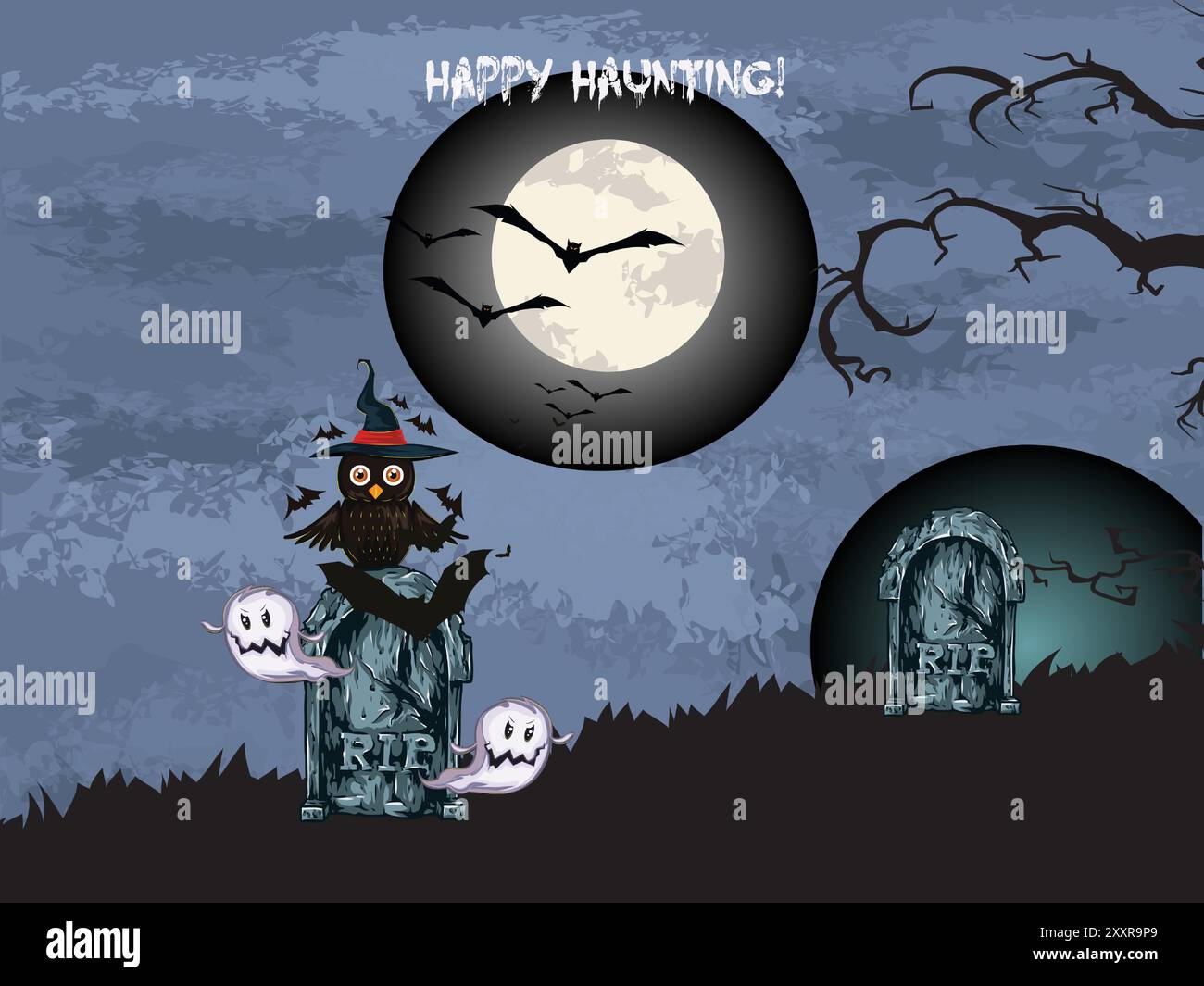 A Halloween themed poster with an owl wearing a hat and a ghost on a ...