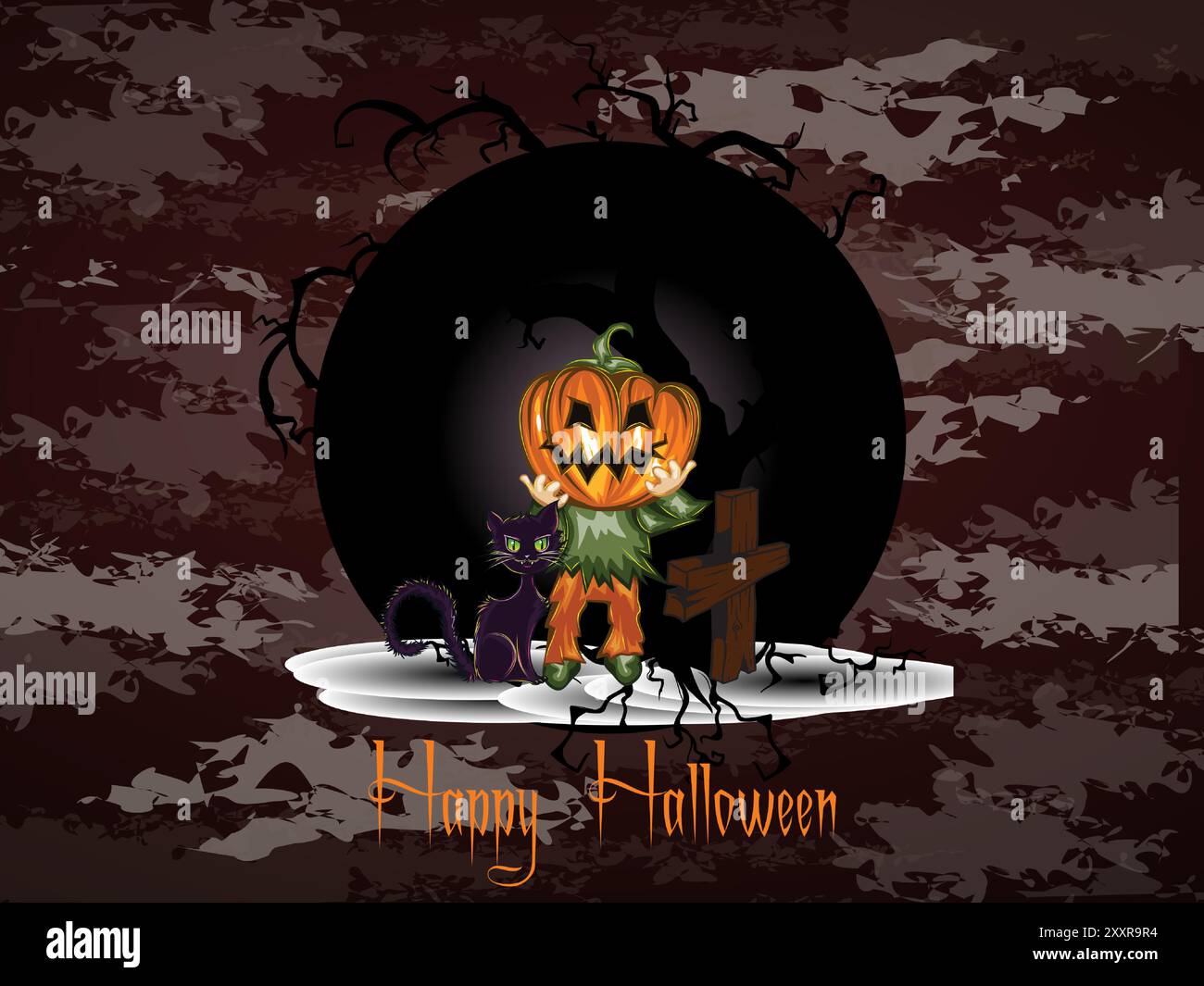 A Halloween themed poster with a pumpkin and cat. The poster is dark ...