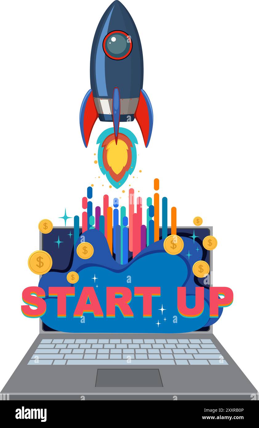 Rocket launching from laptop with coins Stock Vector Image & Art - Alamy