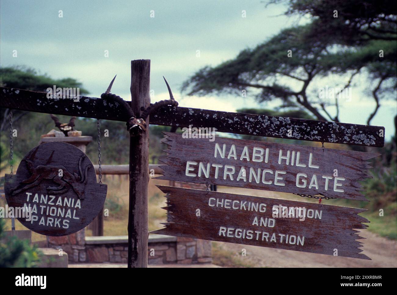 Sign at the entrance gate of the Serengeti National Park, Tanzania ...