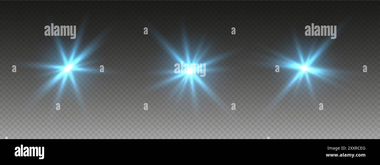 Blue lens flare, glowing star with rays, shiny flash spark, bright cosmic explosion isolated on ...
