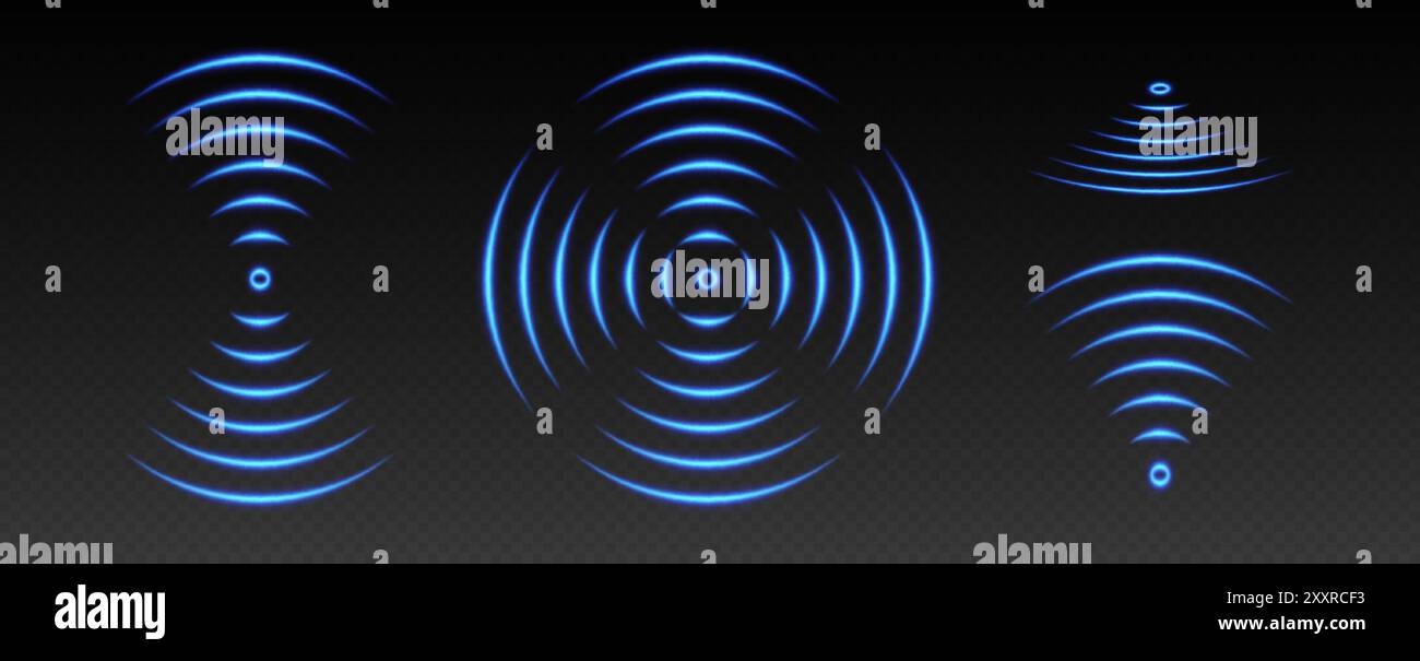 WiFi light effect, sound wave icons, radar signal concept. Blue ...