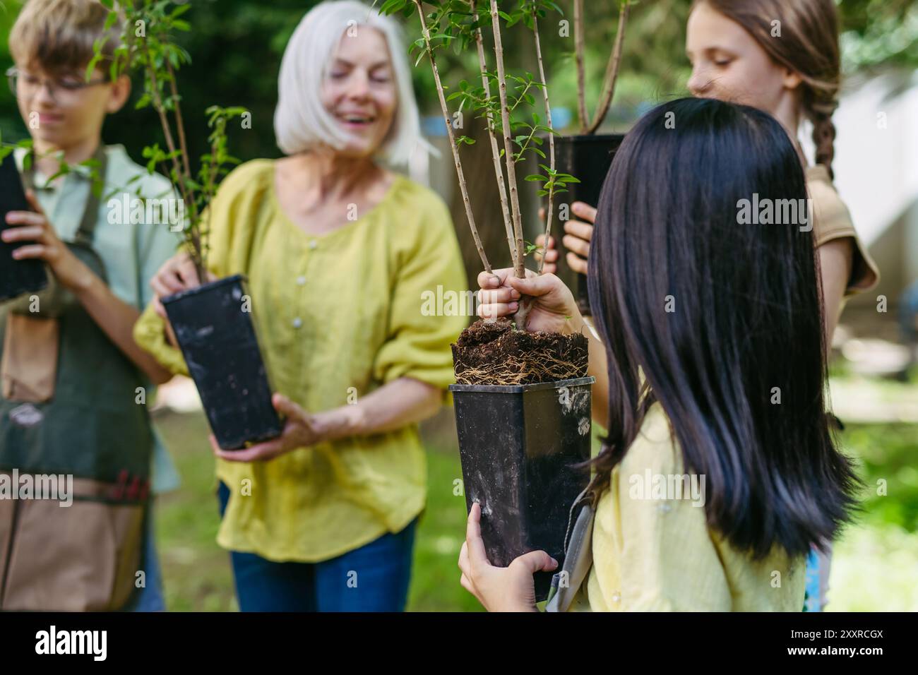 Kids learning about fruit tree seedling and fruit bushes, taking care ...