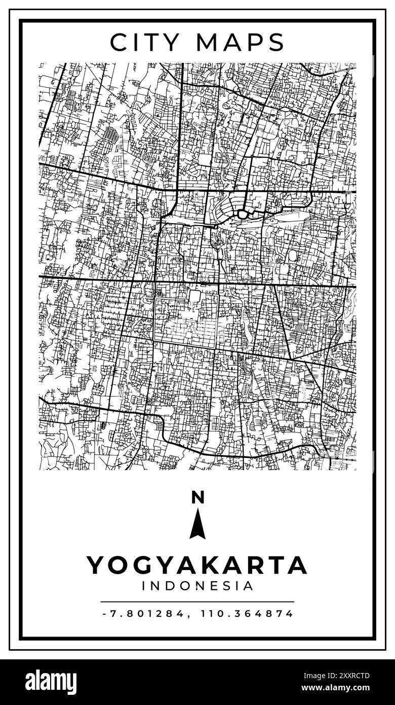Black and white printable map of Yogyakarta city Indonesia banner ...