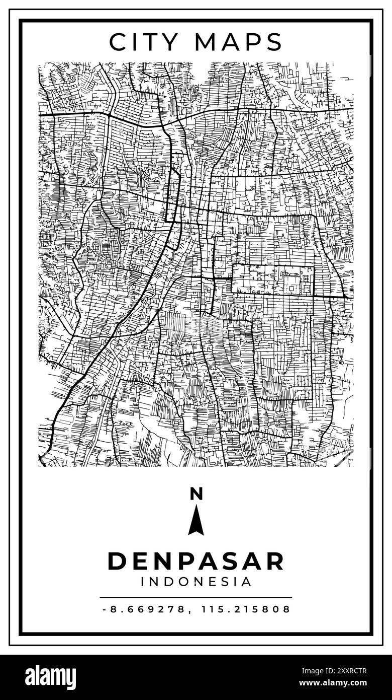 Black and white printable map of Denpasar city Indonesia banner poster ...