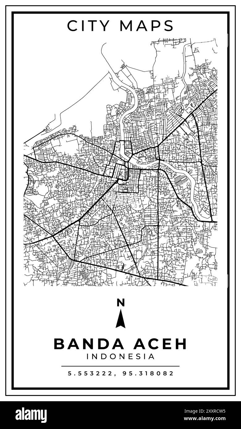 Black and white printable map of Banda Aceh city Indonesia banner ...