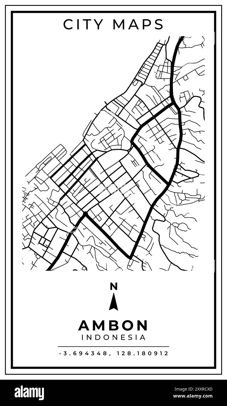 Black and white printable map of Ambon city Indonesia banner poster ...