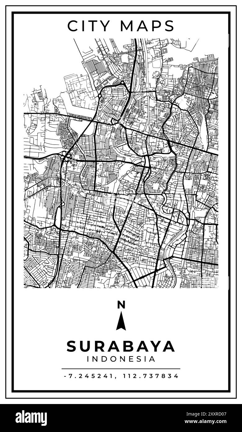 Black and white printable map of Surabaya city Indonesia banner poster ...