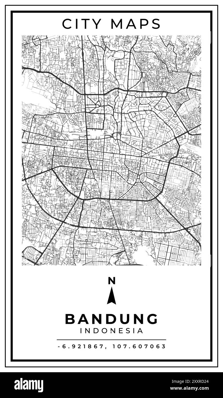 Black and white printable map of Bandung city Indonesia banner poster ...