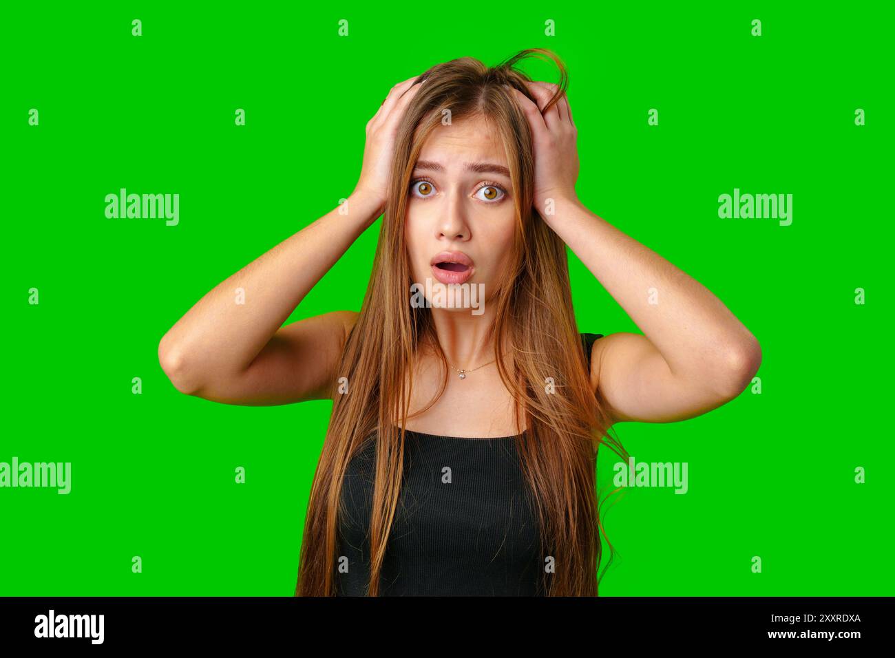 Woman Reacts With Surprise and Shock Against Green Screen Stock Photo ...