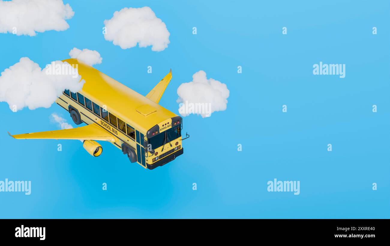 Yellow school bus with airplane wings flying in the sky, symbolizing ...