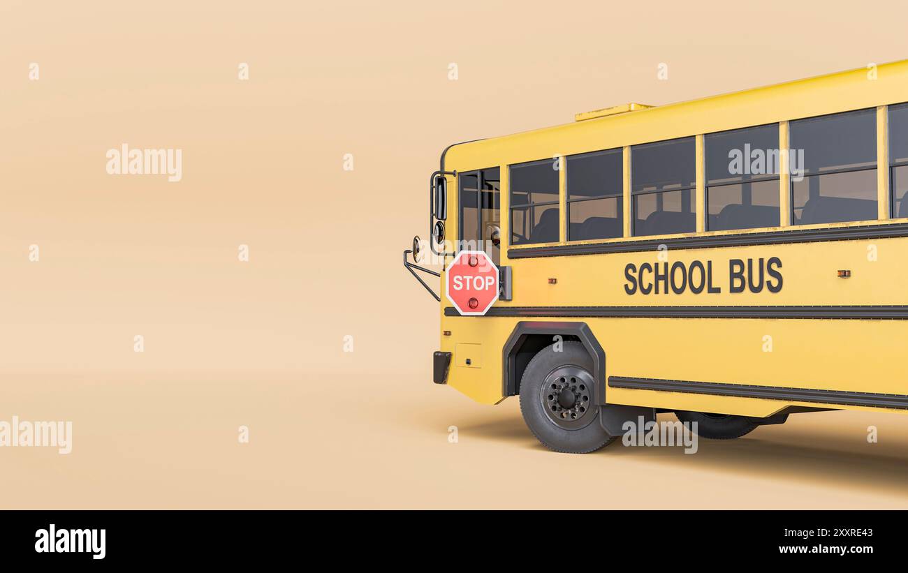 Classic yellow school bus is parked on a yellow background with its ...