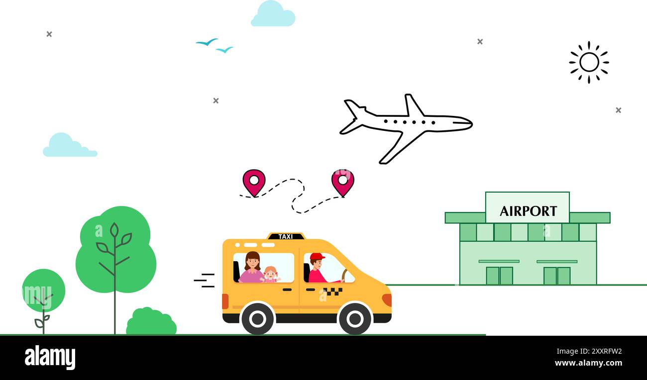 arriving man woman. Flying away man woman. taxi arriving. car. flight ...