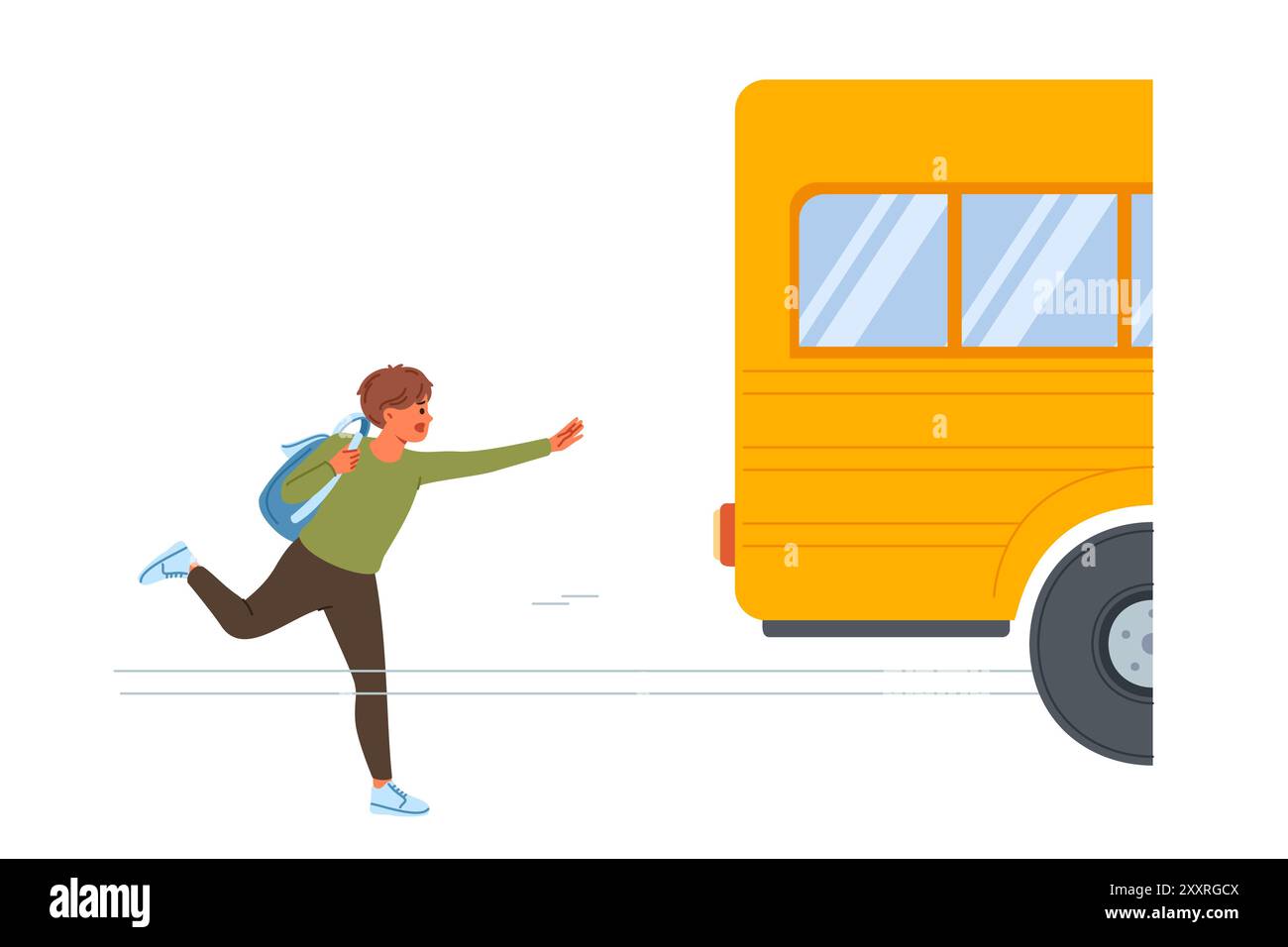 Boy who is late for school bus with backpack on back runs and screams ...
