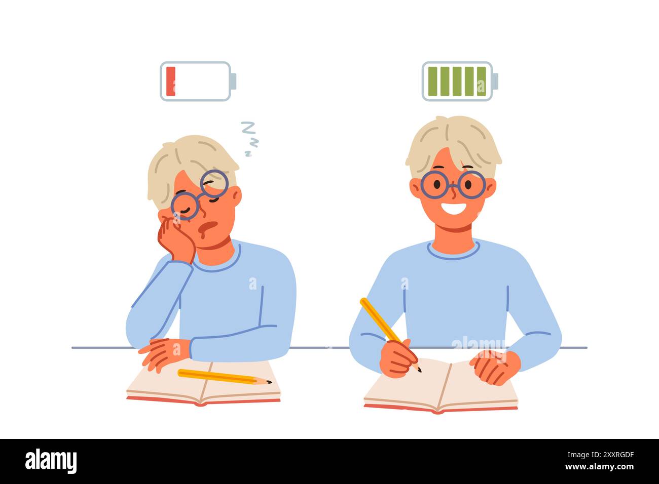 Exhausted schoolboy doing homework, showing comparison before and after ...