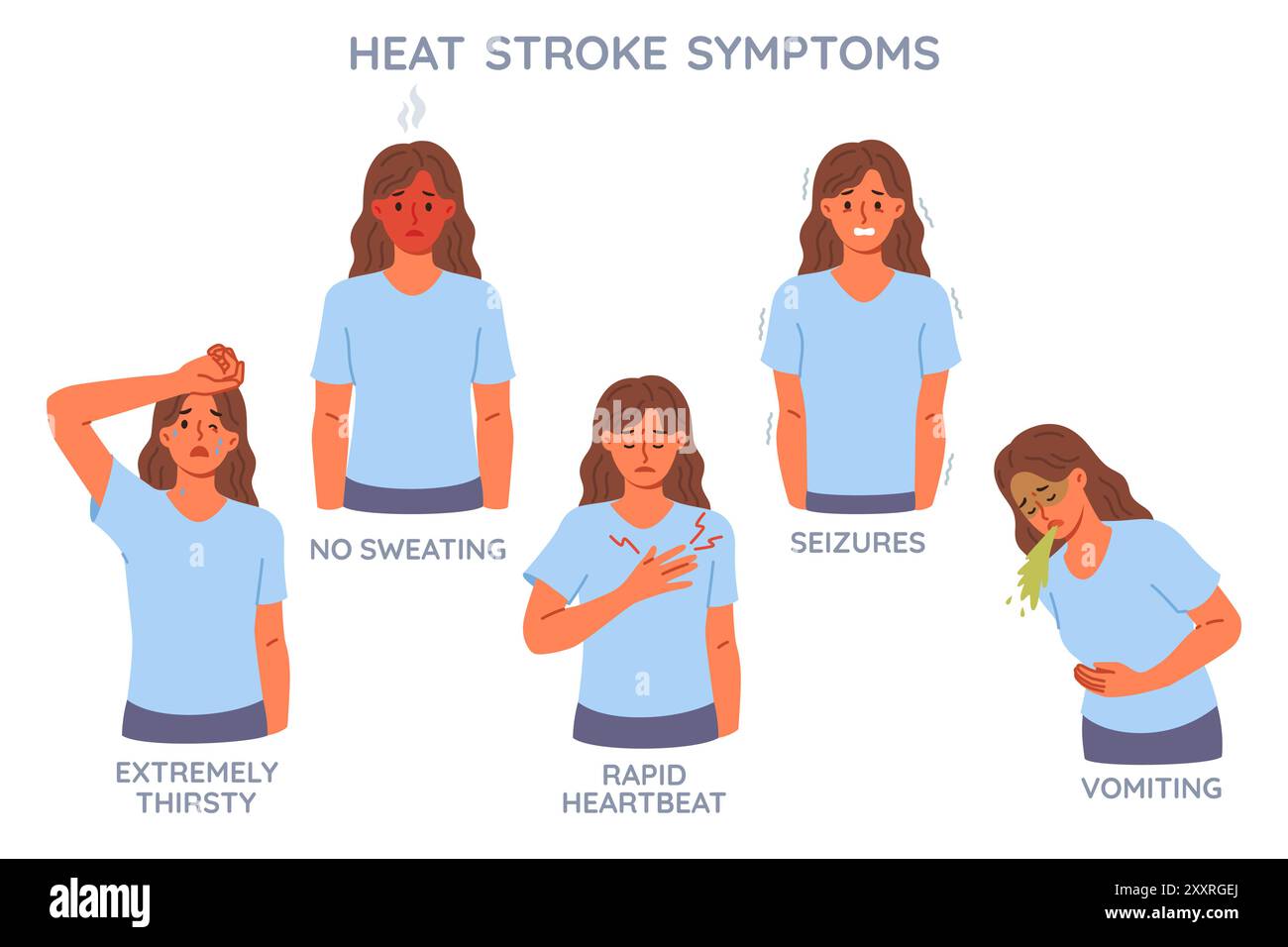 Symptoms of heat stroke are demonstrated by woman with flushed face or ...
