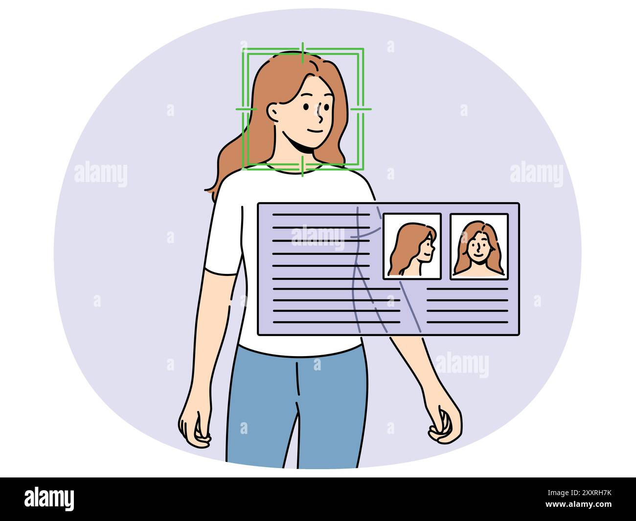 Questionnaire near woman with circled face symbolizes facial recognition using video ...