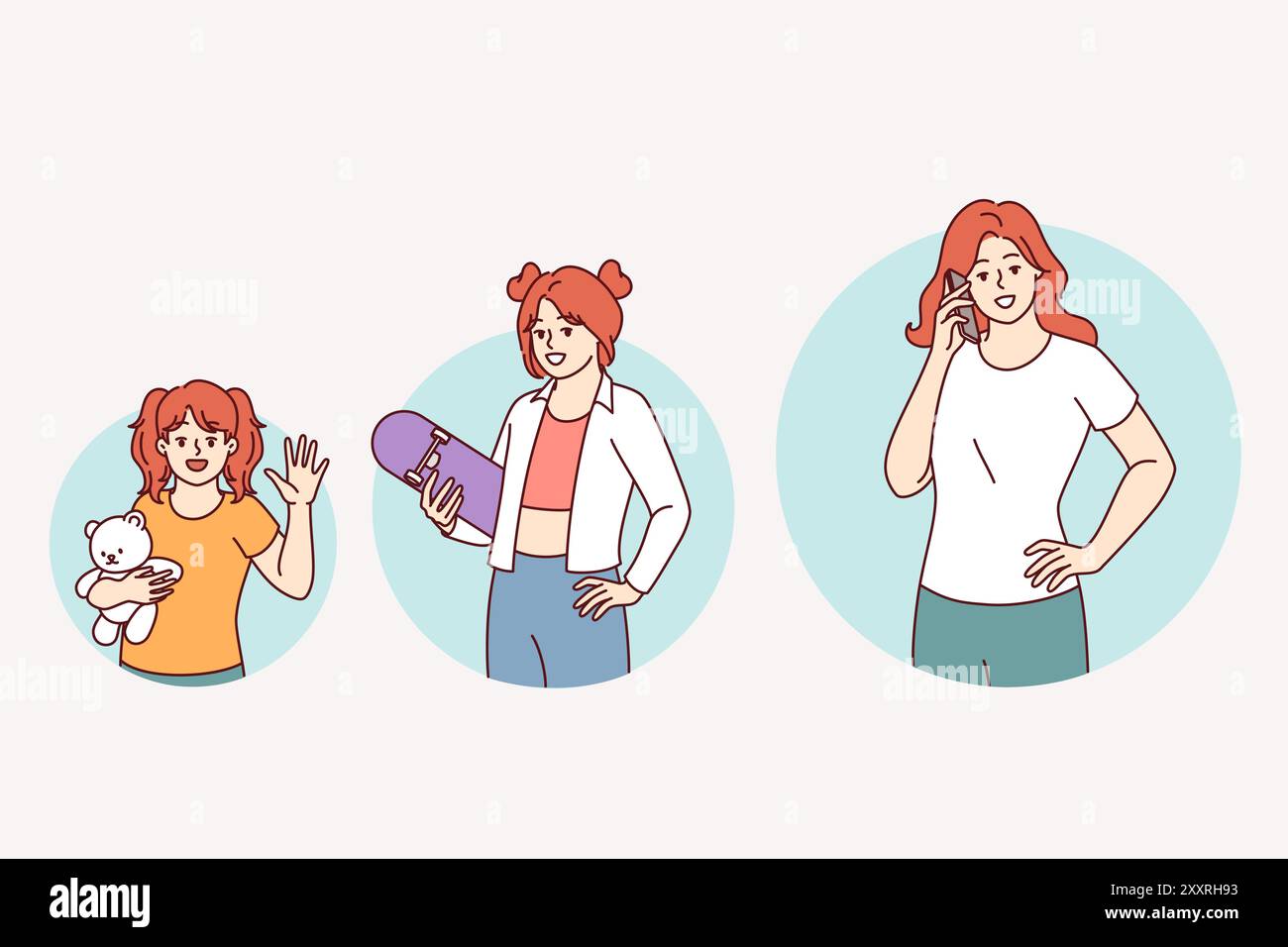 Female life cycle with little girl growing into teenager and adult ...