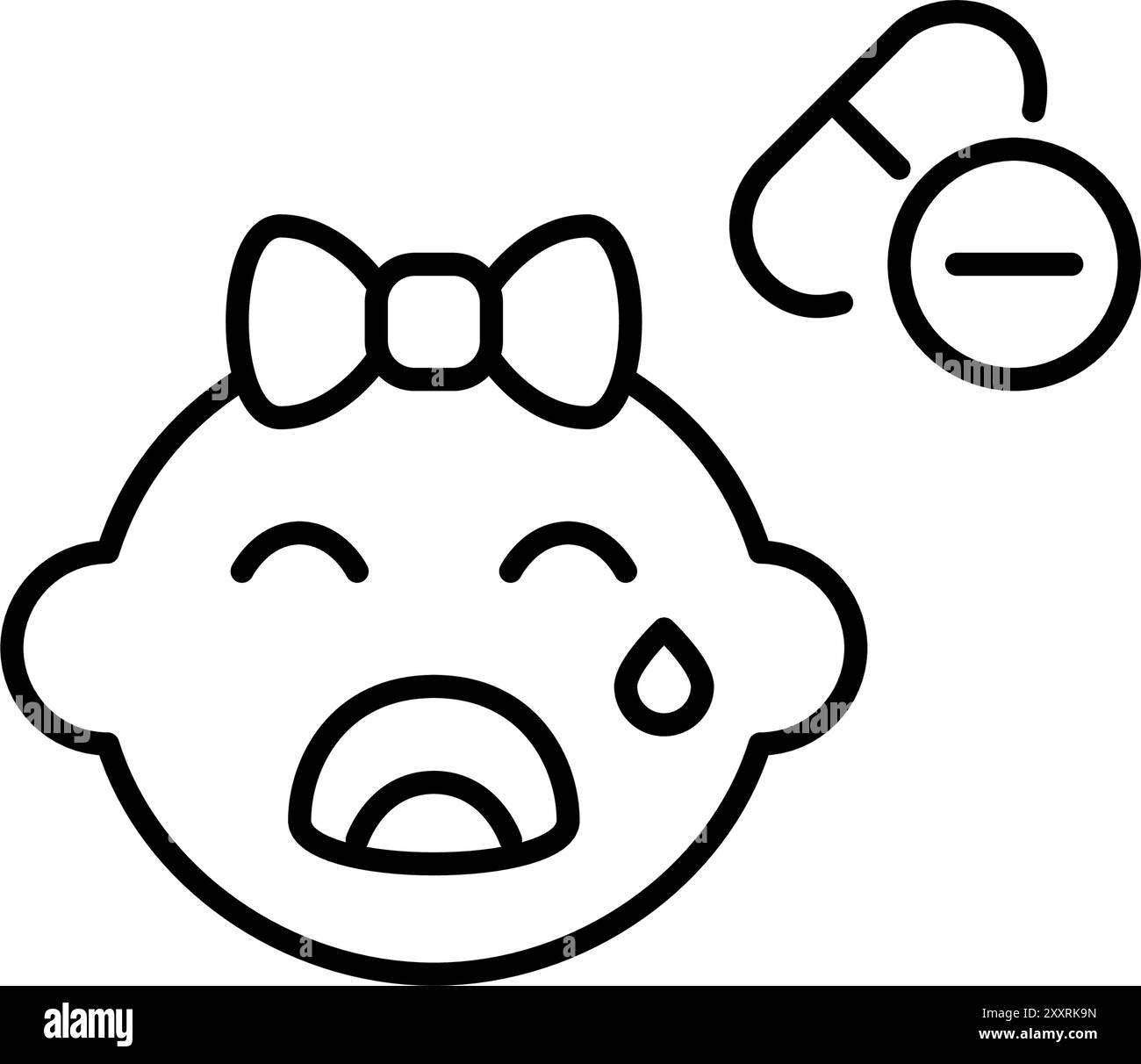 Crying baby girl with bow on head and pills. Soothing relief medication ...