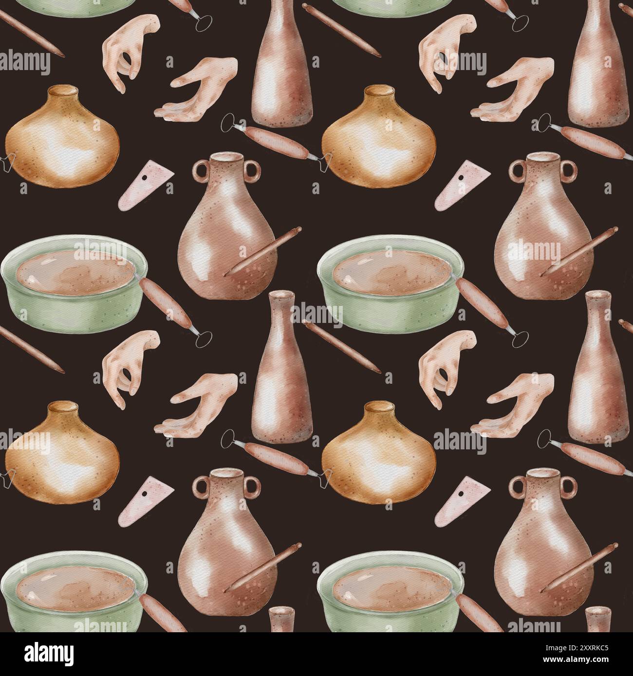 Women hands and pottery items in pastel tone hand drawn seamless ...