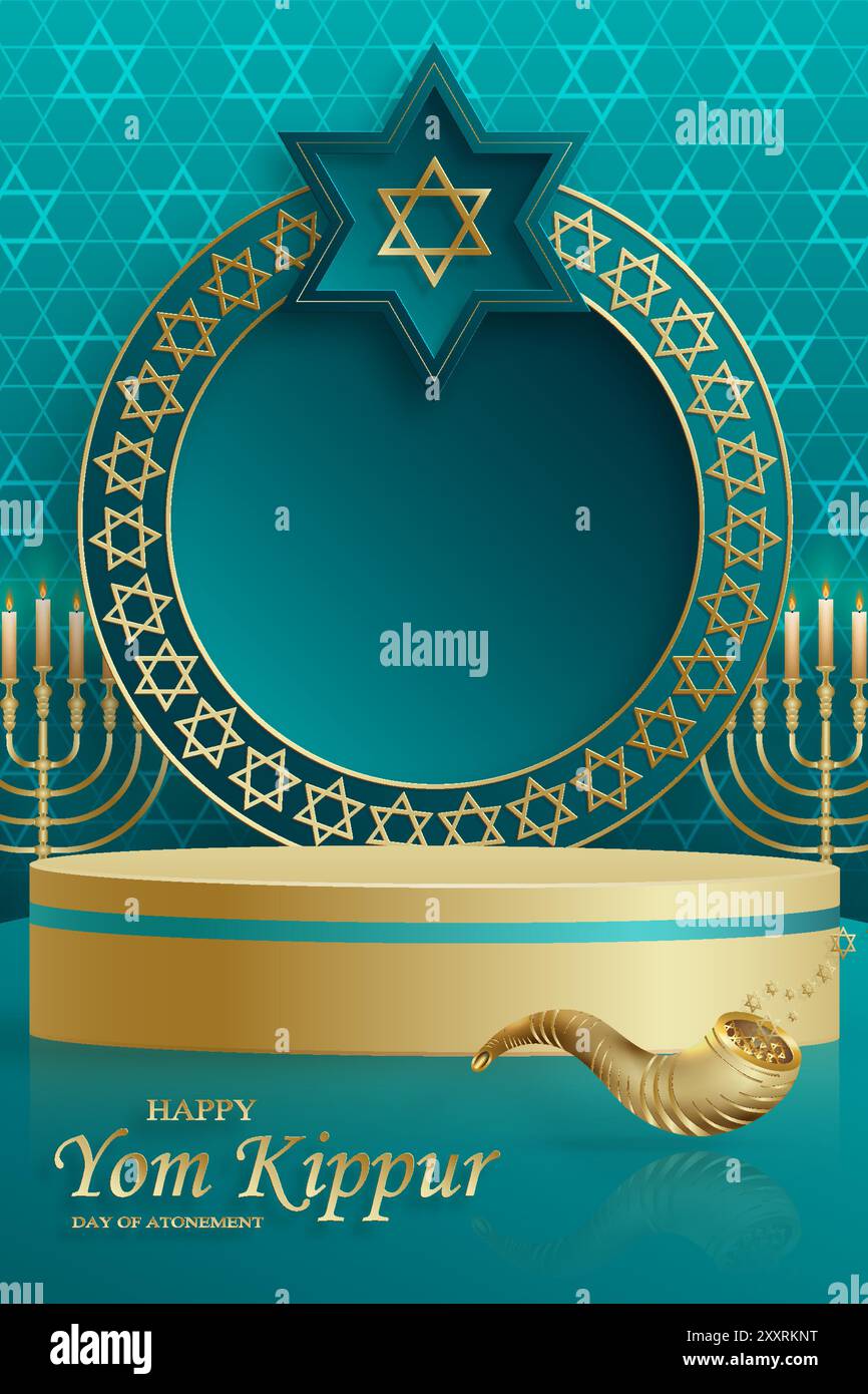 Happy Yom Kippur round stage with nice and creative symbols and gold ...