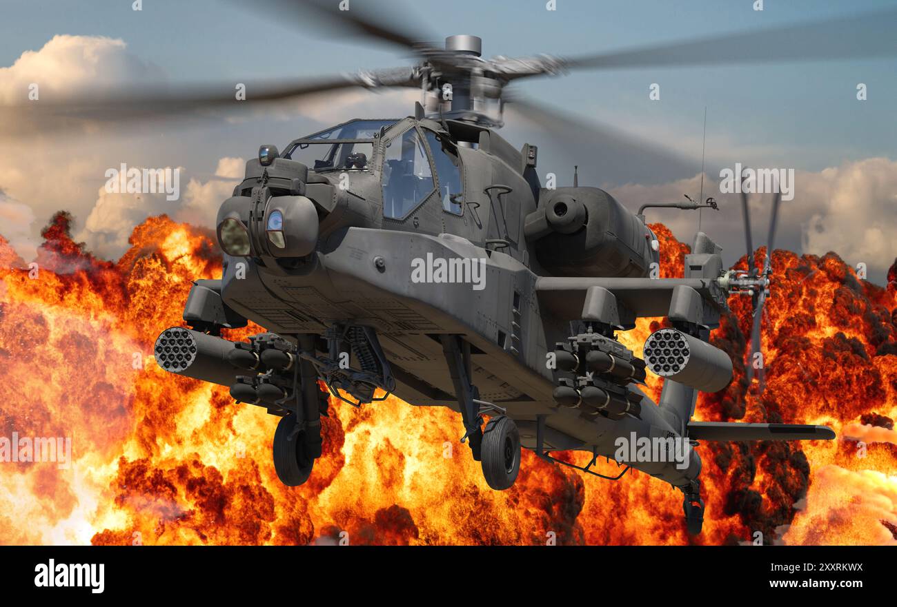 Boeing AH-64E Guardian attack helicopter during a combat mission Stock ...
