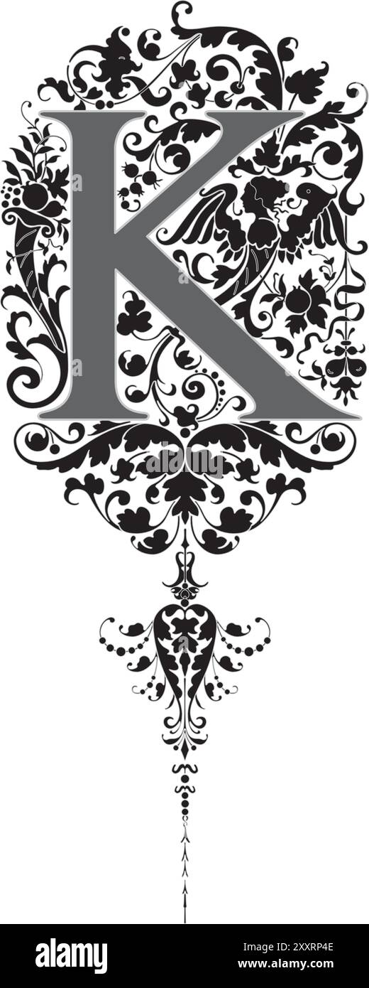 Art Renaissance Initial Caps Font Capital Letter K vector design ...