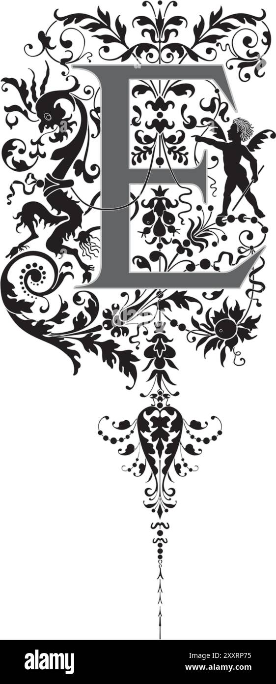 Art Renaissance Initial Caps Font Capital Letter E vector design ...