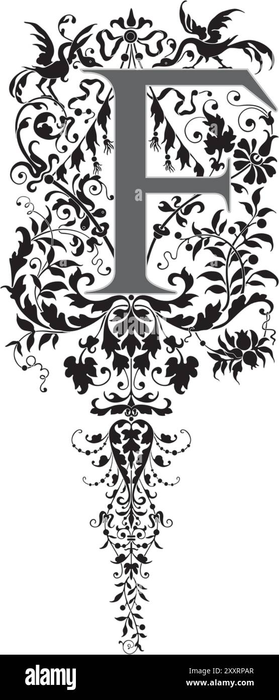 Art Renaissance Initial Caps Font Capital Letter F vector design ...