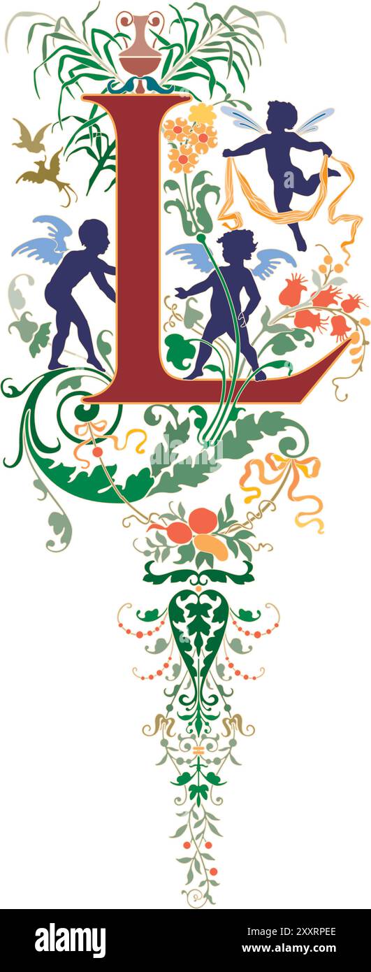 Art Renaissance Initial Caps Font Capital Letter L vector design ...