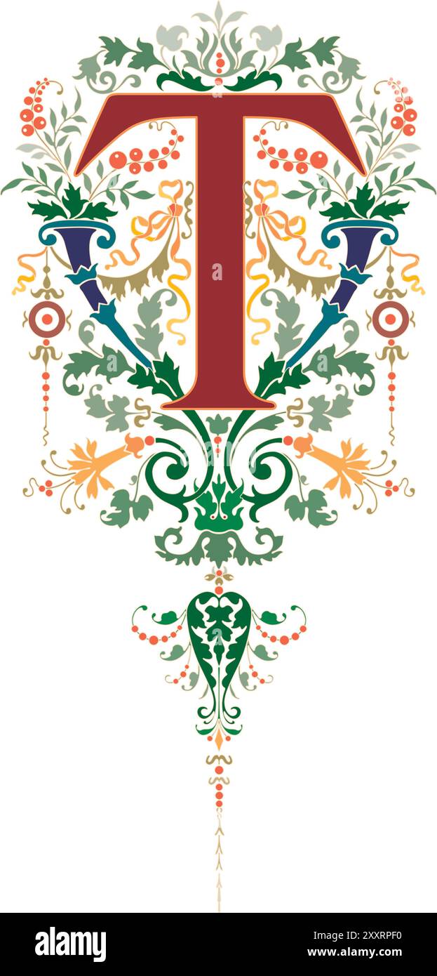 Art Renaissance Initial Caps Font Capital Letter T vector design ...