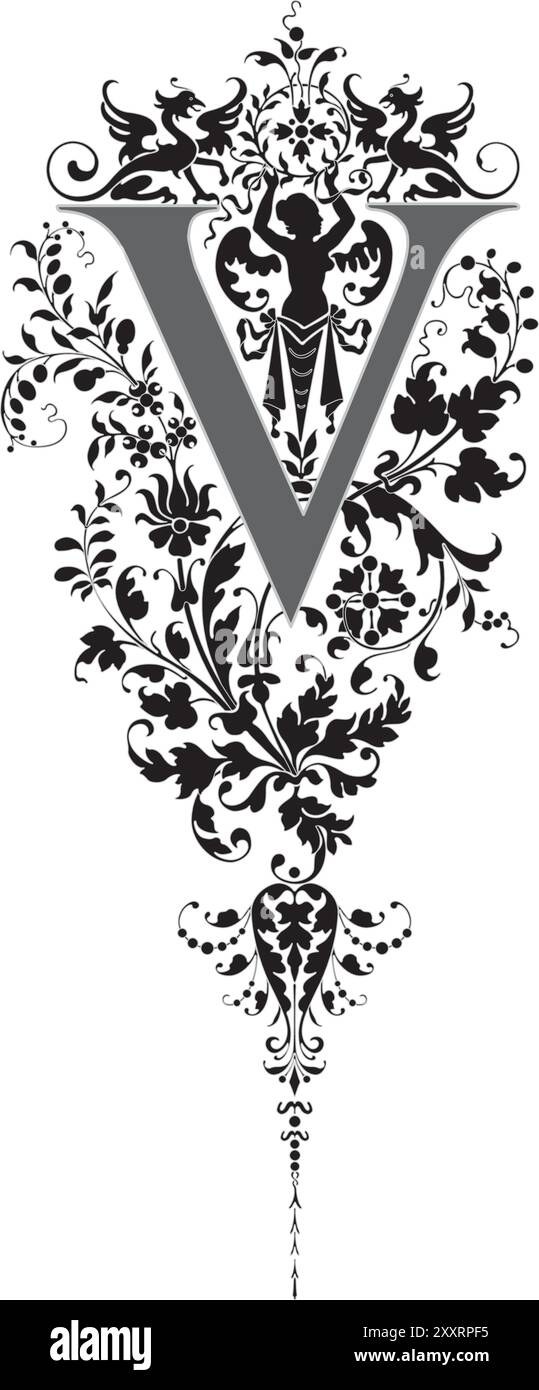 Art Renaissance Initial Caps Font Capital Letter V vector design ...