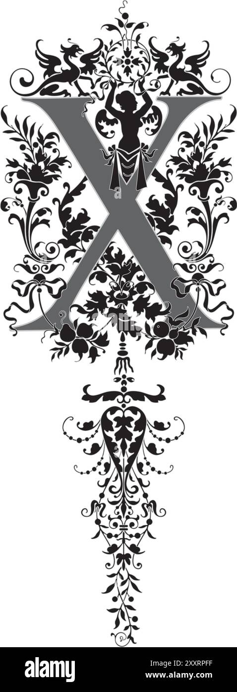 Art Renaissance Initial Caps Font Capital Letter X vector design ...