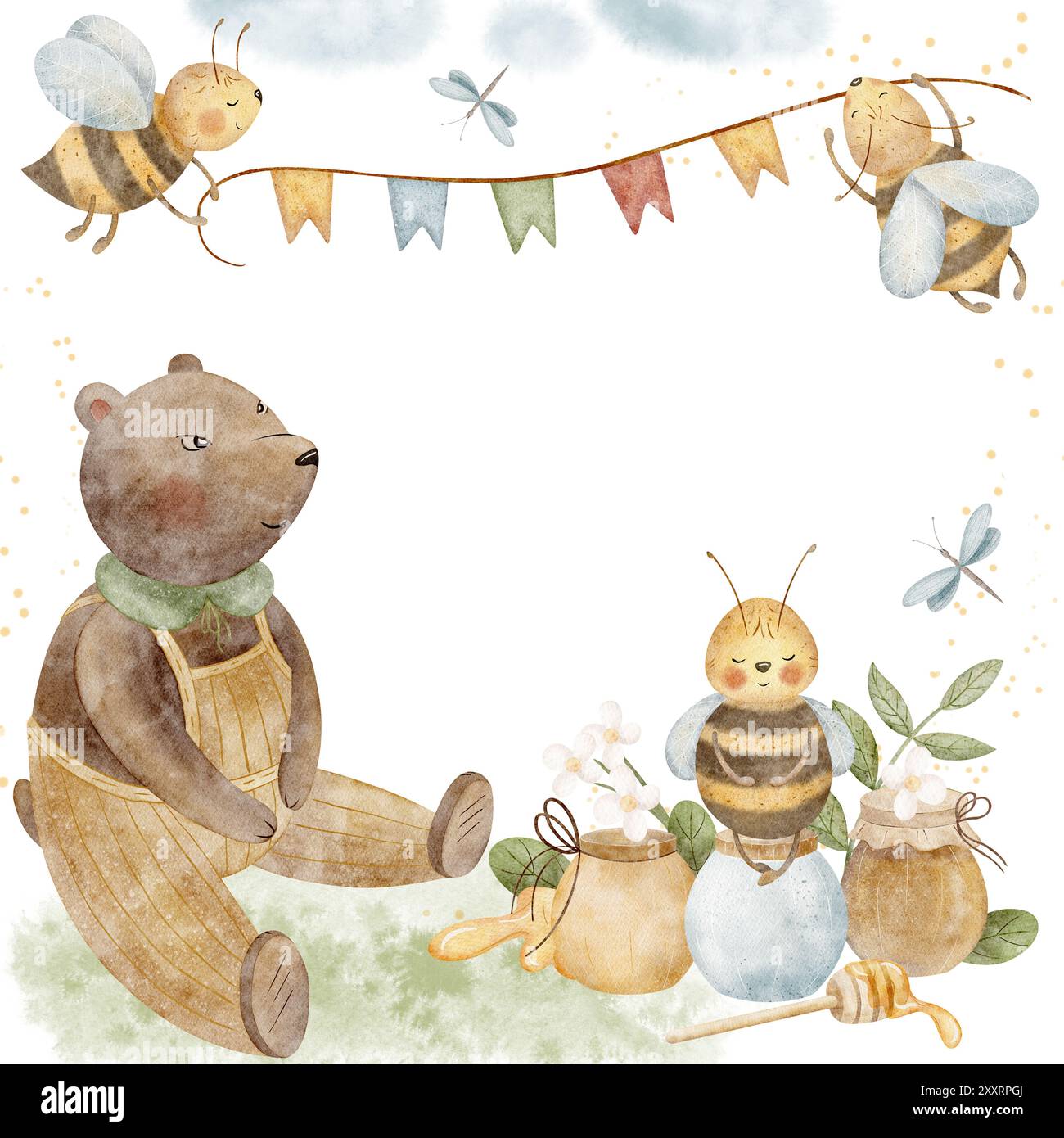 Watercolor bear, bees and honey jars. Illustration in children's style ...