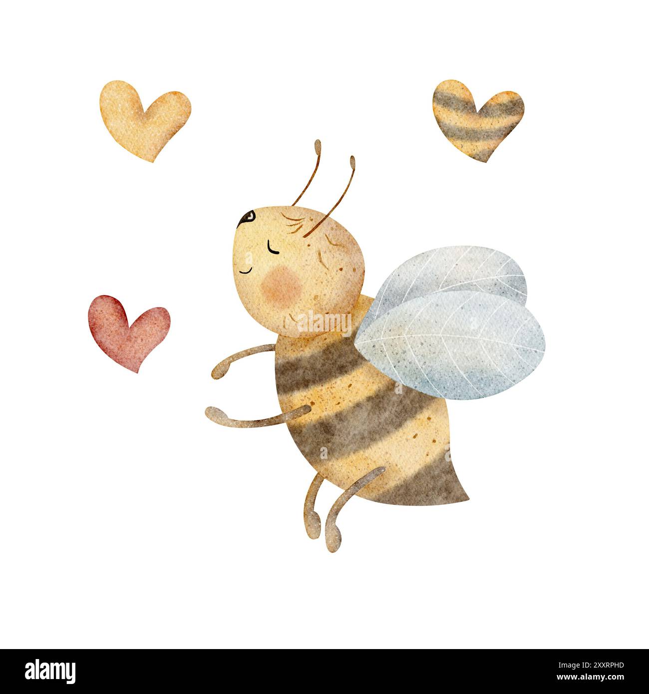 Watercolor bee stretching paws to heart. Cartoon hand drawn ...