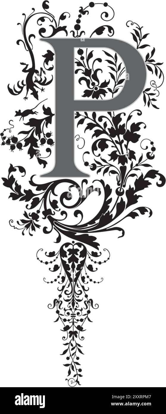 Art Renaissance Initial Caps Font Capital Letter P vector design ...