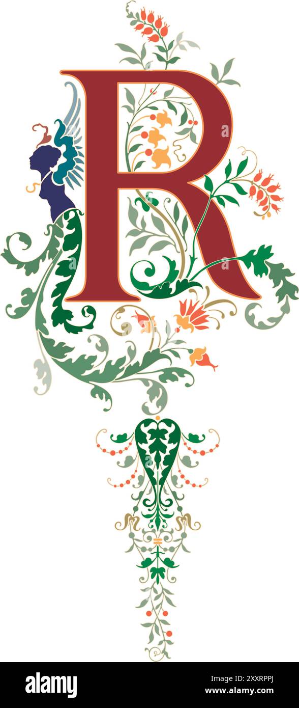 Art Renaissance Initial Caps Font Capital Letter R vector design ...
