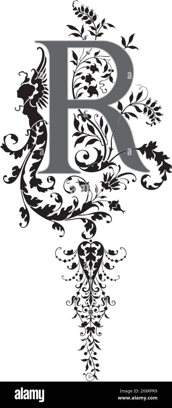 Art Renaissance Initial Caps Font Capital Letter R vector design ...
