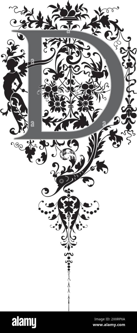 Art Renaissance Initial Caps Font Capital Letter D vector design ...