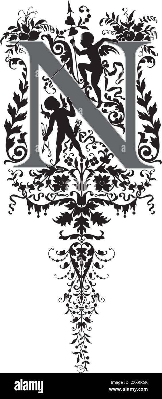 Art Renaissance Initial Caps Font Capital Letter N vector design ...