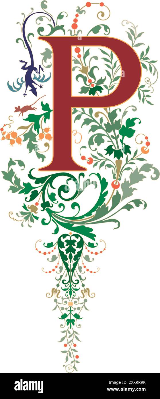 Art Renaissance Initial Caps Font Capital Letter P vector design ...