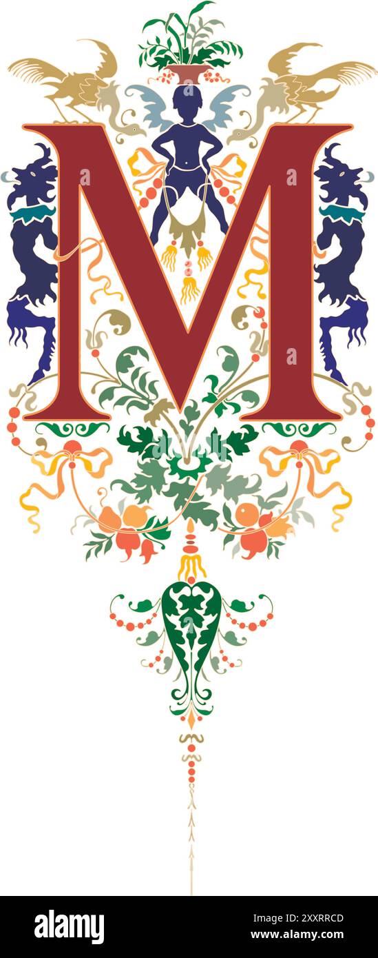Art Renaissance Initial Caps Font Capital Letter M vector design ...