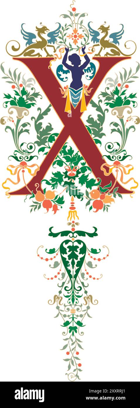 Art Renaissance Initial Caps Font Capital Letter X vector design ...